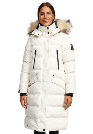 Marikoo lange Damen Winterjacke warmer Parka gesteppt mit Kapuze B890 [B890-Schneestern-Offwh-Gr.S]