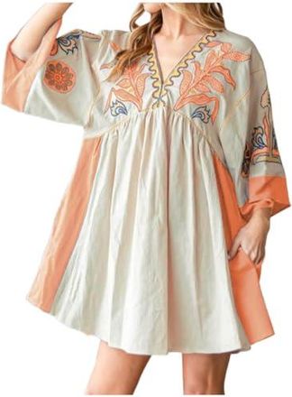 Generic Robe boh&egrave;me brod&eacute;e avec col et manches 3/4 pour femme, coupe ample, Orange, S