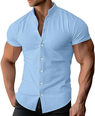 Generic Chemise d&eacute;t&eacute; en coton et lin pour homme - Style d&eacute;contract&eacute; - Couleur unie - Col montant - Manches courtes - Tunique l&eacute;g&egrave;re, bleu, XXL