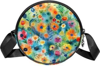 Generic Sac &agrave; bandouli&egrave;re rond pour femme, petit sac &agrave; bandouli&egrave;re color&eacute; &agrave; motif floral avec fermeture &eacute;clair, bretelles r&eacute;glables, sac &agrave; main rond d&eacute;contrac