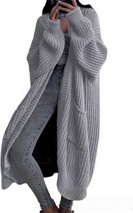 Generic Cardigan long &agrave; manches longues et grande poche en tricot pour femme, gris clair, XXL
