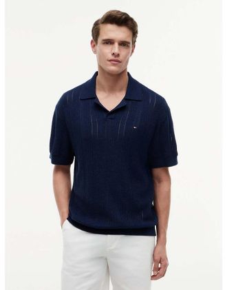 Tommy Hilfiger Polo d&eacute;contract&eacute; en maille pointelle et lin m&eacute;lang&eacute;s structur&eacute;s - Bleu fonc&eacute;