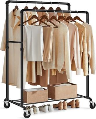 Songmics Portant à Vêtements à Roulettes, Porte-manteaux, Penderie, Charge 110 kg, avec Double Tringle et Étagère de Rangement, Style Industriel, pour Chambre,