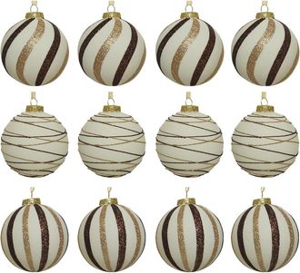 Kaemingk Weihnachtskugeln Glas 8cm x 12 St&uuml;ck mit Streifen Muster Christbaumkugeln Wollwei&szlig; Braun