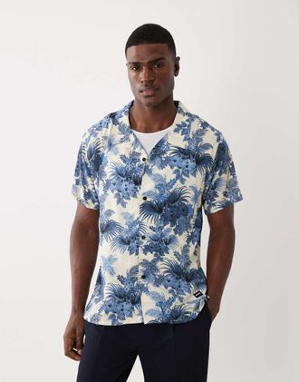 HUGO BOSS BOSS - Hemd mit Blattmuster in Creme und Blau und Reverskragen, Kombiteil