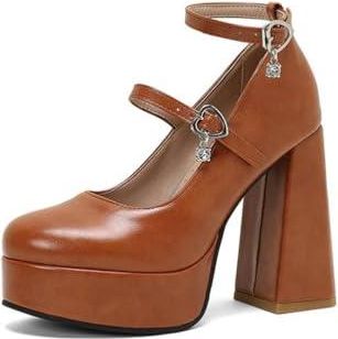 Generic Escarpins Mary Jane Plateforme Femme Boucle Coeur Sangle Cheville Talons Épais Bout Rond Cuir Artificiel Chaussures Fête Soirée Robe,Dark Brown,42.5 E
