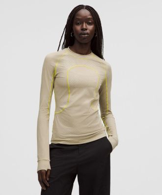 lululemon Jacquard-Langarmshirt im Tight Fit SLNSH Kollektion für Frauen - Größe XL in From Afar Jacquard Sheer Oak White