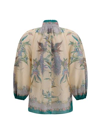 Zimmermann Womens Indra Ruffle Shirt Cream Scarf Floral Cotton; Silk; Metal Fibers