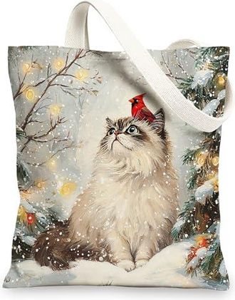 Generic Sac fourre-tout en toile motif chats ragdoll de No&euml;l pour faire du shopping, 33 x 38,1 cm, sac d&eacute;picerie r&eacute;utilisable pour femme, peinture danimaux do