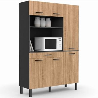 IDMarket Buffet de cuisine avec colonne de rangement 120 cm cina 6 portes + tiroir noir et fa&ccedil;on h&ecirc;tre