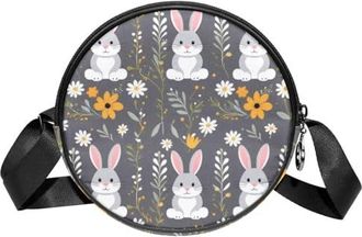 Generic Petit sac &agrave; bandouli&egrave;re rond pour femme, motif fleurs de lapin, sac &agrave; dos avec fermeture &eacute;clair, bretelles r&eacute;glables, sac &agrave; main rond d&eacute;contract&eacute; pour
