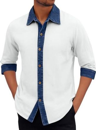 Generic Chemise habill&eacute;e pour homme adulte boutonn&eacute;e en denim patchwork &agrave; manches longues, coupe droite, chemise daffaires, col &agrave; revers, haut formel, tendanc