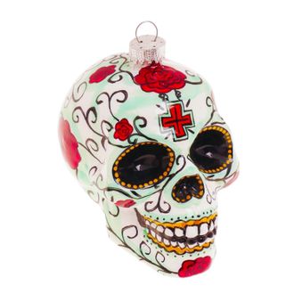 Krebs Glas Lauscha Weihnachtsdekoration/Christbaumschmuck aus Glas - Weihnachtsbaumanhänger - Motiv: Totenkopf mit Blumen - Größe: ca. 10 cm