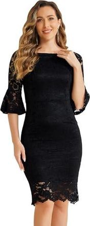 Allegra K Robe Fourreau en Dentelle pour Femmes, col Bateau, Manches Cloche, Robe de Cocktail Vintage Noir XS