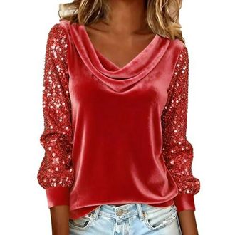 Generic Haut en velours pour femme - Col b&eacute;nitier &eacute;l&eacute;gant - T-shirt &agrave; paillettes - Haut pliss&eacute; &agrave; paillettes - Robe d&eacute;contract&eacute;e &agrave; manches longues bouffantes -
