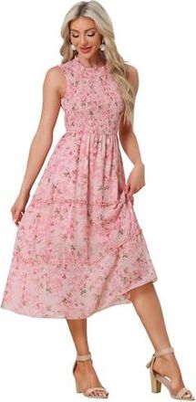 Allegra K Robe Florale Femme sans Manches Volants Col Rond Robes Smockées en Mousseline de Soie Robe Fluide Mi-Longue dÉté Rose M