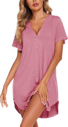 Ekouaer Nachthemden Damen Kurzarm Baumwolle Schlafkleid V-Ausschinitt Nachthemd Sexy Schlafshirt Sommer mit Knöpfe, Rosa, S