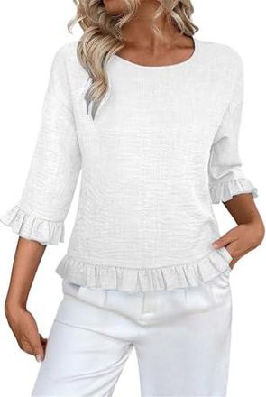 Generic Haut &agrave; manches 3 quarts en lin pour femme, chemisiers d&eacute;contract&eacute;s &agrave; col rond, chemises &agrave; &eacute;paules tombantes de couleur pure, haut tendance &agrave; ourlet &agrave; 