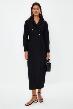 Trendyol Modest Damen Schwarz Einfarbig Maxi 3/4-Arm Casual Zweireihig Modest Kleider