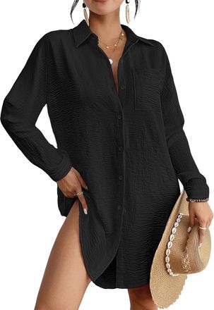 Bsubseach Badeanzug Coverup f&uuml;r Frauen Button Down Strand Cover Ups Langarm Shirt Kleid Moderne Bluse Top Schwarz XXL