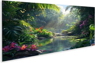 Islandburner Prime Bild auf Leinwand Tropischer Dschungel mit Wasserfall und Blumen Bilder Wandbilder Poster