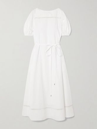 Chlo&eacute; Robe Midi En Popeline De Coton &Agrave; Finitions En Broderie Anglaise Et &Agrave; Ceinture - Blanc