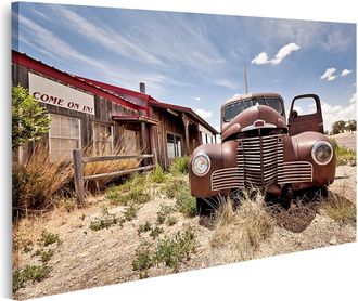 Islandburner Bild auf Leinwand Altes Auto vor verlassener Hütte in der Wüste bei Sonnenschein Bilder Wandbilder Poster