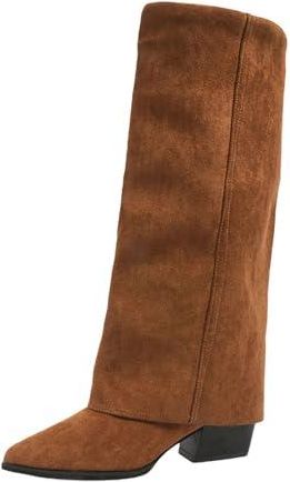 Generic Bottes hautes pour femme - Larges mollets - Couleur unie - Bout pointu - &Eacute;l&eacute;gantes - Talon &eacute;pais - Confortables - &Agrave; enfiler - Pour f&ecirc;tes en plein air,