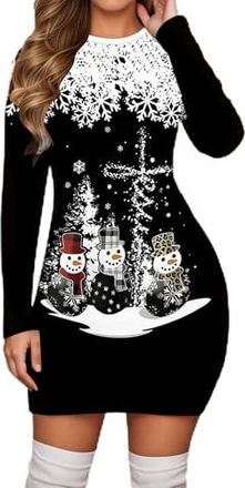 Generic Robe amincissante &agrave; manches longues et col rond et manches longues Motif bonhomme de neige, Noir, XXL