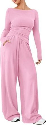 Generic Woman Suites Ensemble 2 pi&egrave;ces pour femme T-shirt asym&eacute;trique &agrave; manches longues Pantalon &agrave; jambes larges Tenue d&eacute;contract&eacute;e, Rouge, XL