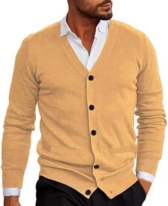 Generic Cardigan pour homme avec poches, cardigan à boutons pour homme, pull fin à manches longues, pull en tricot décontracté, col en V, couleur unie, confor
