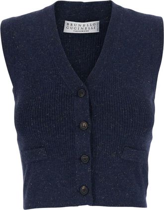 Brunello Cucinelli Femme, Pulls, Bleu, Taille: 40 FR Gilet en maille cachemire