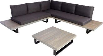 Hhg Garten-Garnitur HHG 641, Garnitur Sitzgruppe Lounge-Set, Spun Poly Akazie Holz mvg Alu grau, Polster dunkelgrau