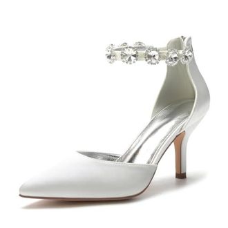 Generic Chaussures De Mariage Escarpins Femme &Agrave; Bout Pointu Mari&eacute;e Talons Aiguilles 8 Cm Satin&eacute;e Stylet Mariage Soir&eacute;e,Ivoire,37 EU