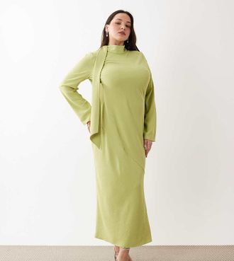 Asos Curve ASOS DESIGN - Robe longue &agrave; col montant fa&ccedil;on foulard - Vert