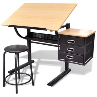 vidaXL Vidaxl - Zeichentisch mit neigbarer Tischplatte 3 Schubladen und Hocker