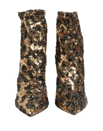 Dolce & Gabbana Womens Gold Leopard Sequin Sock Ankle Boots Shoes Elastane Nylon Polyester