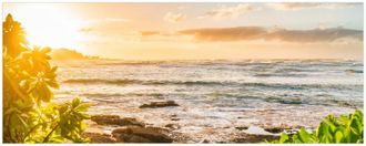 Wallario Glasbild Strand im Morgenlicht - 50 x 125 cm Wandbilder Glas in Premium-Qualit&auml;t: Brillante Farben, freischwebende Optik