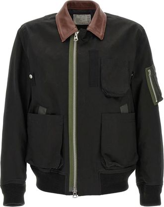 sacai Homme, Vestes, Noir, Taille: XL Blouson en coton bord&eacute; de cuir