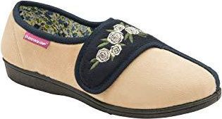 Dunlop Femme Floral Imprimé Pantoufles en Mousse À Mémoire Chaussons avec Fermeture Attaches auto-agrippantes pour Personne agee (36 EU, bleu marine crème)