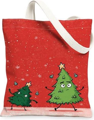 Generic Sacs fourre-tout en toile motif sapin de No&euml;l, sacs d&eacute;picerie r&eacute;utilisables, l&eacute;gers et lavables avec bandouli&egrave;re en toile pour T, Rouge, 13x15 Inch