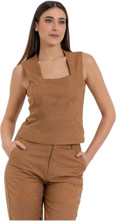 Kocca Femme, Tops, Brun, Taille: 42 FR Haut en Coton et Lin avec Broderie Florale