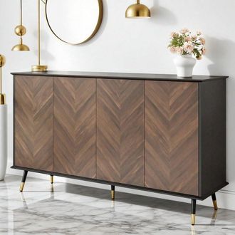 Generic Modernes Sideboard mit Fischgrätmuster - 4-Türiger Buffetschrank mit höhenverstellbaren Regalen - Aus MDF & Metallfüßen - Stauraum für Wohnzimmer, Flu