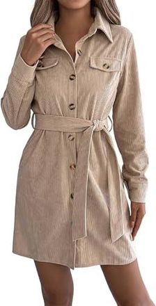 Generic Robe dautomne mi-longue pour femme - Ouverture boutonn&eacute;e - Jupe de f&ecirc;te d&eacute;contract&eacute;e - Coupe ajust&eacute;e, kaki, XS