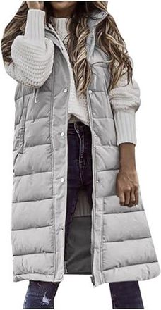 Generic Gilet bouffant long et léger sans manches matelassé pour femme, veste dextérieur décontractée à capuche avec fermeture éclair, manteaux dhiver chauds,