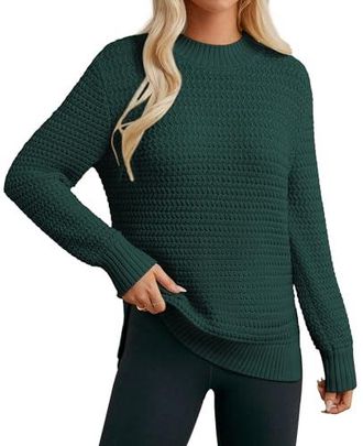 Grace Karin Pull en tricot décontracté à manches longues et ourlet fendu pour femme, vert foncé, XL