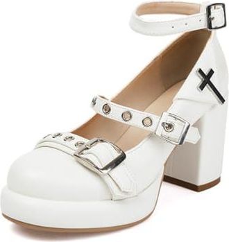 Generic Chaussures Femme Mary Janes Gothiques Plateforme Talons Carrés Multi Boucles Croix Décor Bout Rond Tige PU Durables Antidérapantes Élégantes Soirée Co