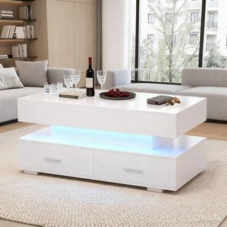Generic H&ouml;henverstellbarer Couchtisch mit Hydraulik & LED - 100x50x44 cm, Bluetooth-App-Steuerung, 2 Schubladen & Stauraum, Wei&szlig; (White)
