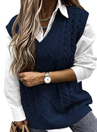 Minetom Pull sans Manche Col V Femme Gilet en Tricot Automne Hiver D&eacute;bardeurs Chandail Oversize Bureau Pull-Over Tops Hauts A Bleu 40