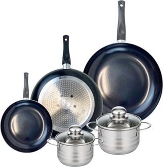 Fackelmann ELO 9747450 Batterie de cuisine 5 pi&egrave;ces, Ensemble de 3 Po&ecirc;les de cuisson 20, 28 et 32 cm et 2 faitouts 14 et 16 cm Elo Prima Brillant, inox, inductio